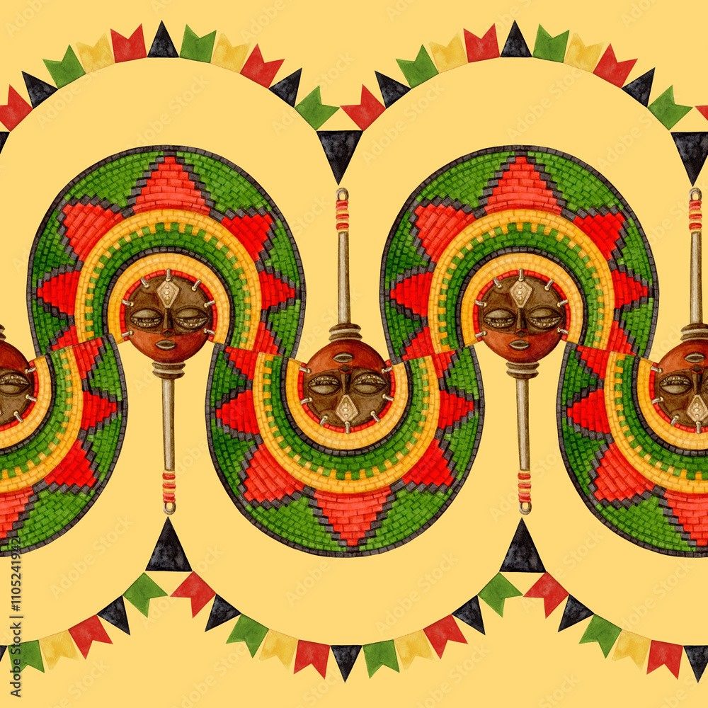 Kwanzaa seamless pattern of curved African fan and paper pennant ...