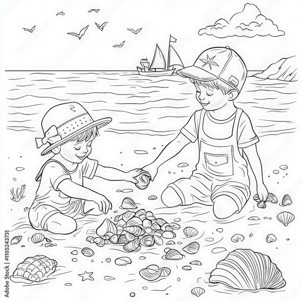 Ilustración de Stock A fun day at the beach collecting shells, coloring ...