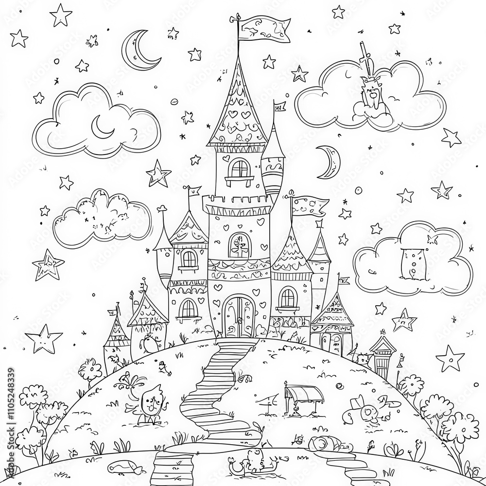 A magical fairytale scene with characters, coloring page for kids ...