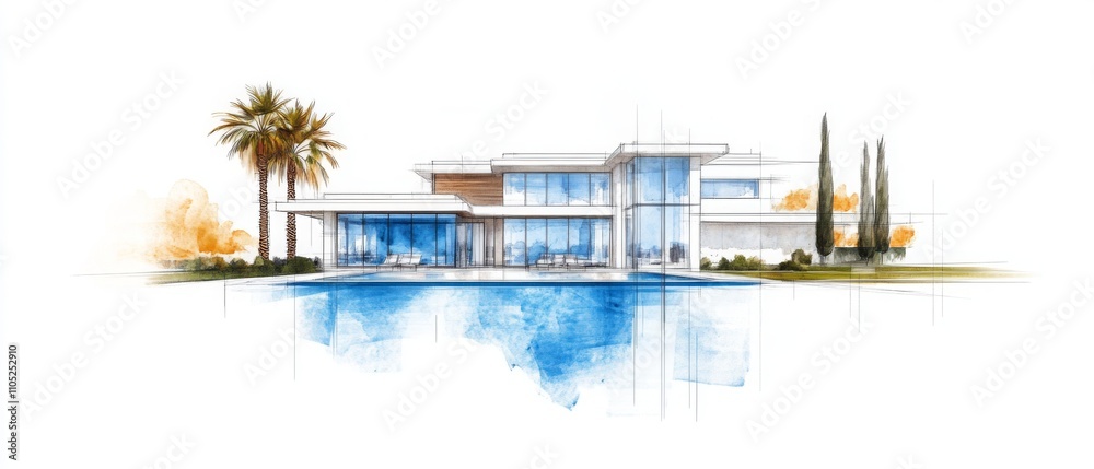 Architectural Model of a luxury villa , pencil sketch and blueprint of ...