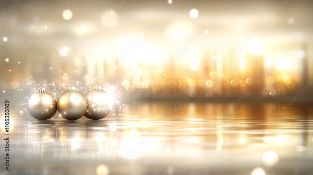 Esferas navideñas doradas y plateadas sobre superficie brillante con ...