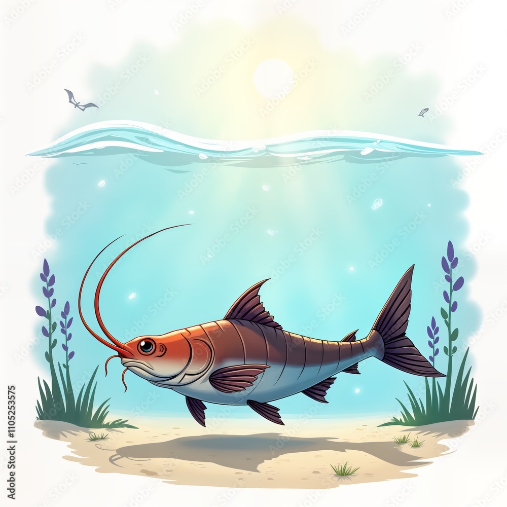 Rayfish swims underwater. Fish has long snout. Underwater scene shows ...