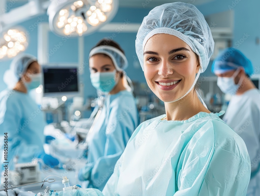 Professional medical team in surgery setting, smiling woman in surgical ...