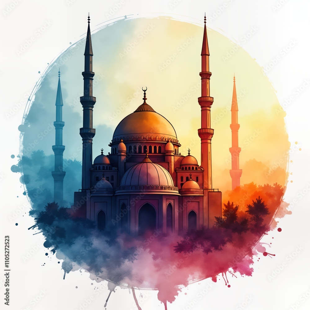 Vibrant watercolor illustration of mosque. Circular frame with dynamic ...