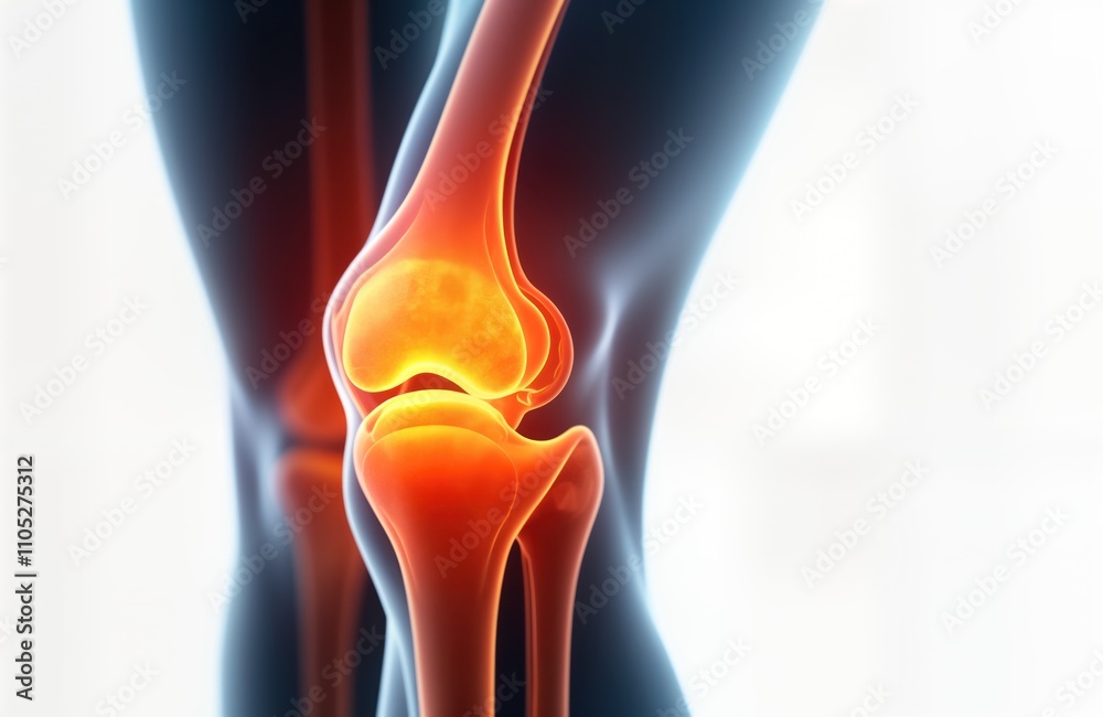 Medical illustration of inflamed knee joint. Anatomy highlighted with ...