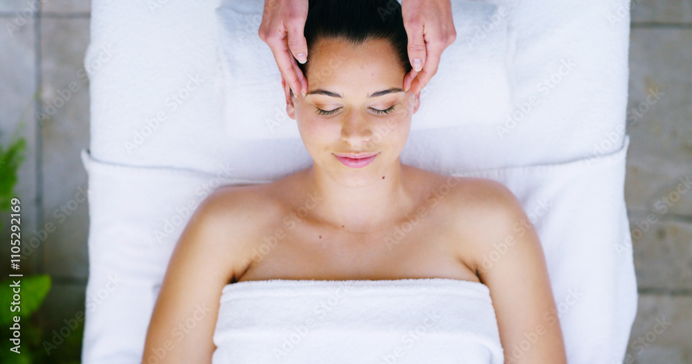 Woman, relax and temple massage at spa outdoor, zen healing and ...