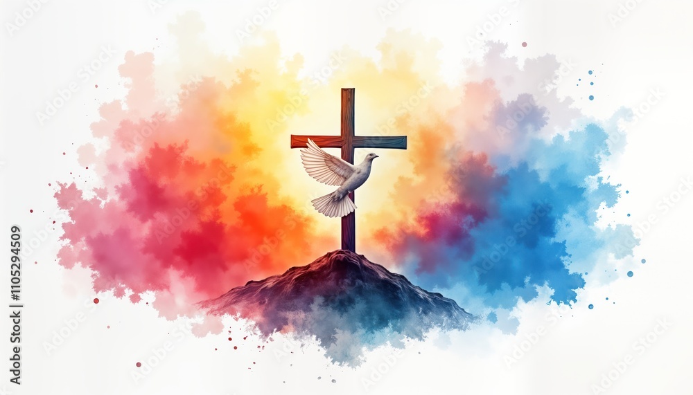 Colorful watercolor cross with dove of peace. Religious symbol on ...