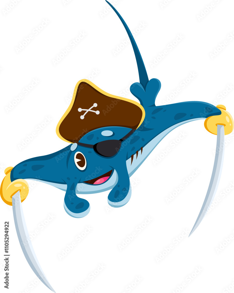 Cartoon stingray animal pirate and corsair character wearing hat with ...