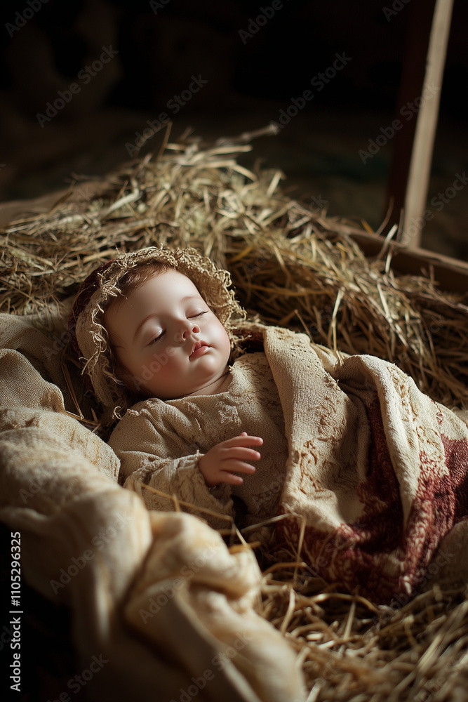 Baby Jesus Christ sleeping in a manger on straw. Newborn beautiful baby ...