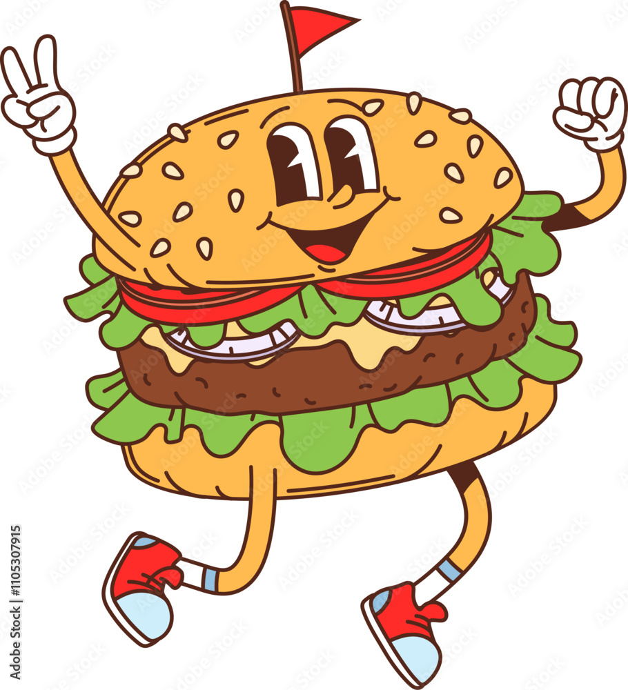 Cartoon groovy fast food cheeseburger character. Fast food cafe burger ...