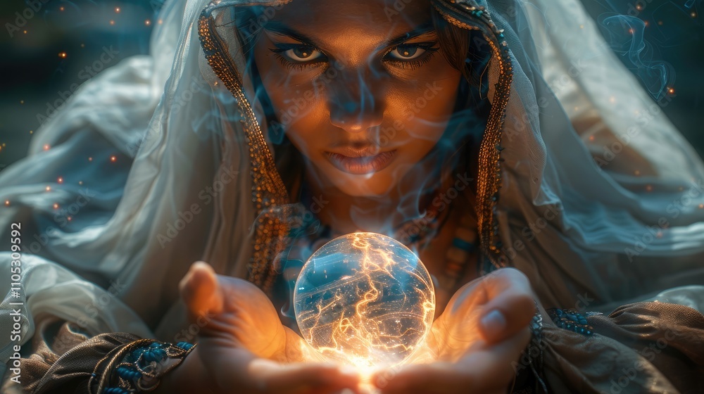 A future-telling woman shrouded in a witchy, flowing outfit, her face ...