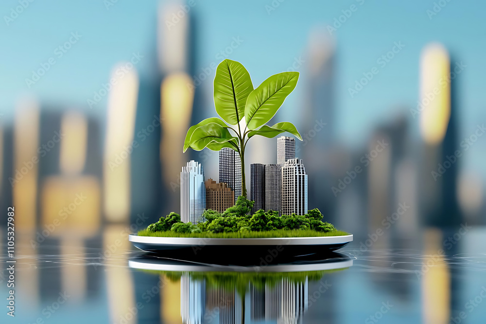 miniature cityscape with vibrant green plant symbolizes environmental ...