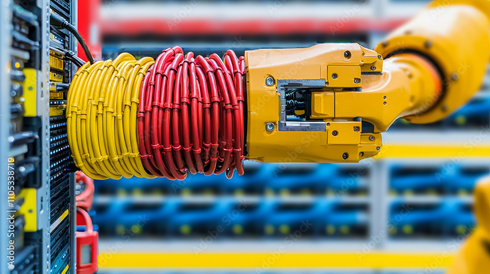 fiber optic installation concept. Robotic arm with colorful cables in ...