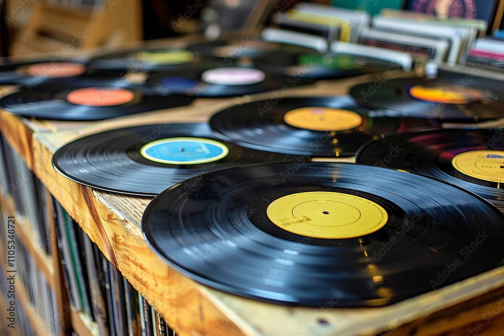 Person look vinyl records in retro music store, surrounded by various ...
