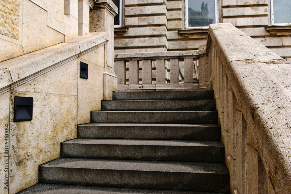 vintage stone stairs and banisters. soft stucco elevation with glass ...