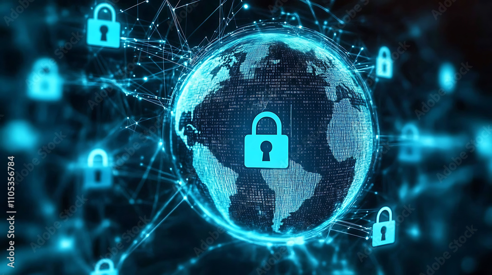 Padlock icons overlay the concept of robust cybersecurity measures. Stock Illustration | Adobe Stock