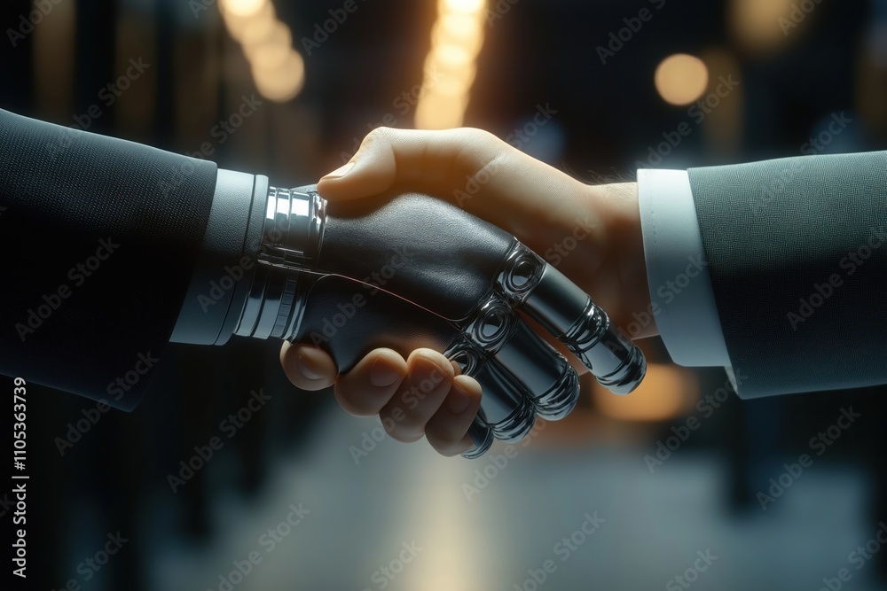 Business pro shakes hands with robotic arm. Partnership between human ...