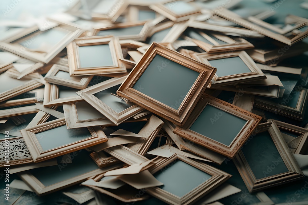 A Creative Collection of Empty Picture Frames Piled Together on a Table ...