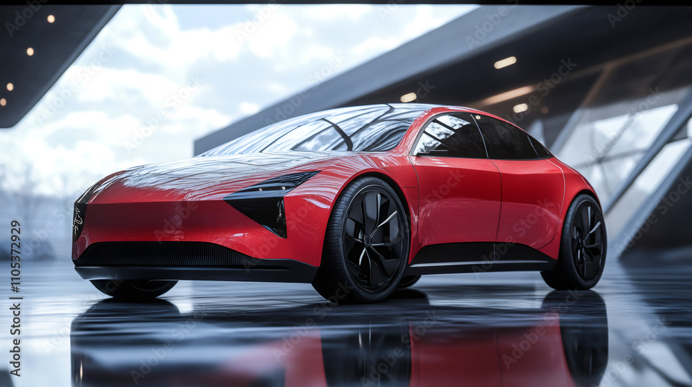 Stylish red electric car on display in a modern showroom, with its ...
