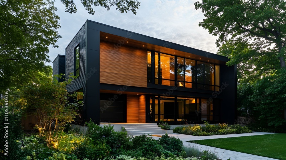 Luxury modern house, cubic structure, warm wooden cladding, black ...