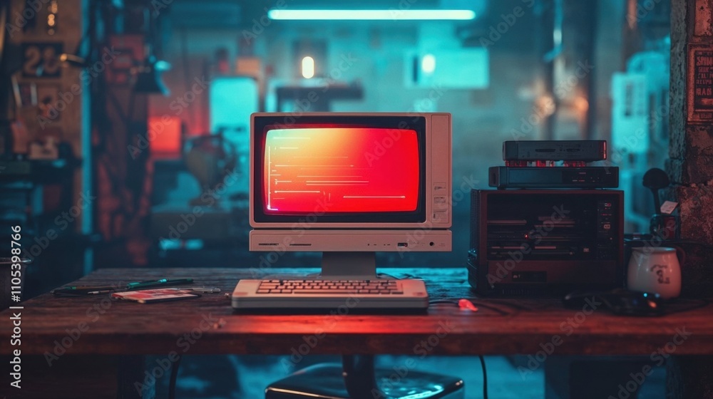 Retro computer setup with red-glowing monitor in cyberpunk environment ...