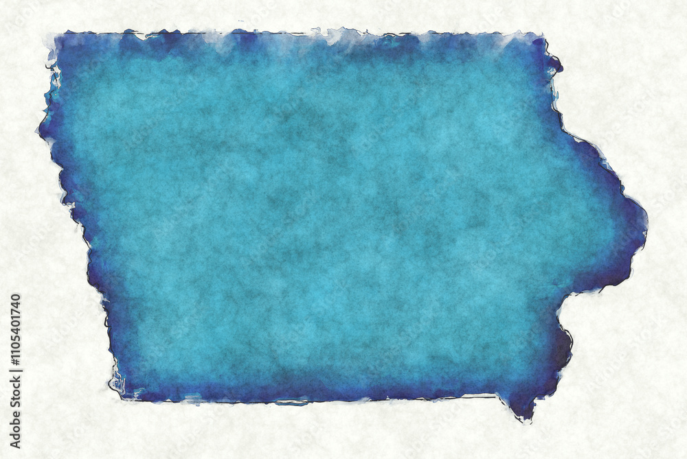 Iowa USA map with drawn lines and blue watercolor illustration Stock ...