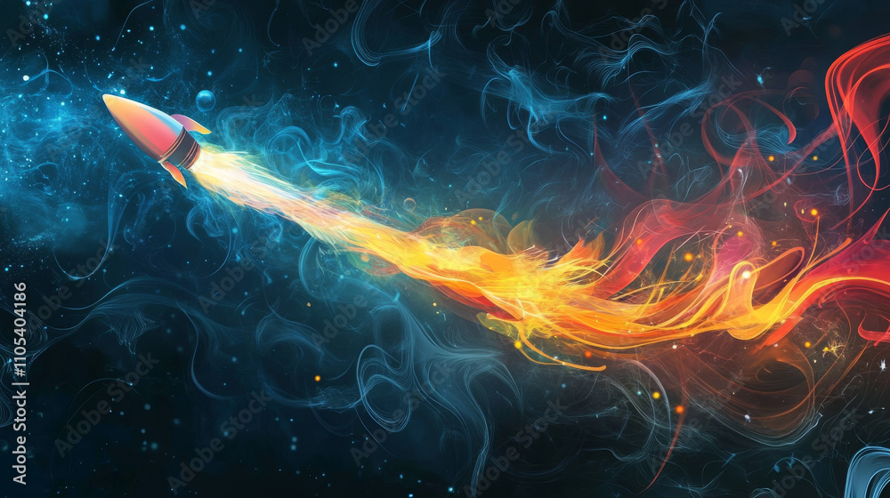 Abstract digital launching rocket with fire on dark background with ...