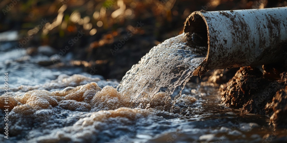 Dirty water flows from an industrial pipe, highlighting severe ...