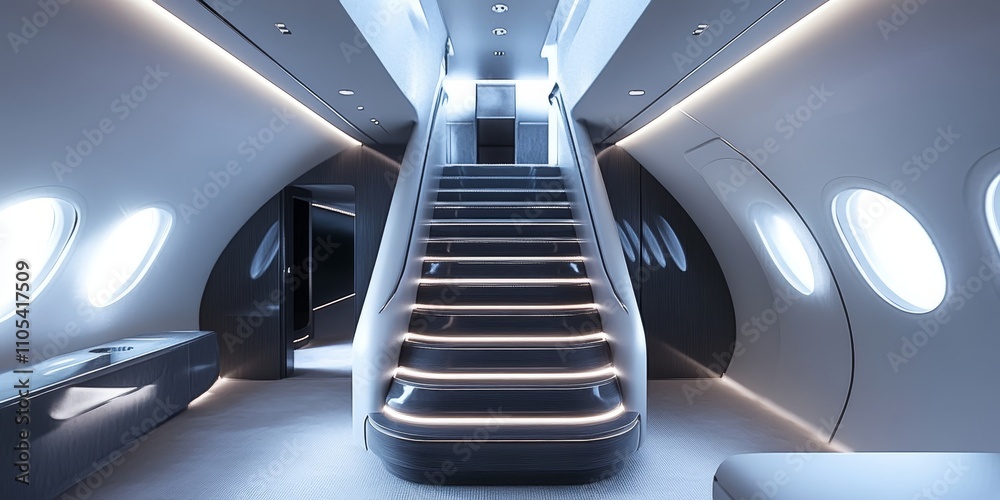 Stairs featuring a jet engine design on a contemporary private jet ...