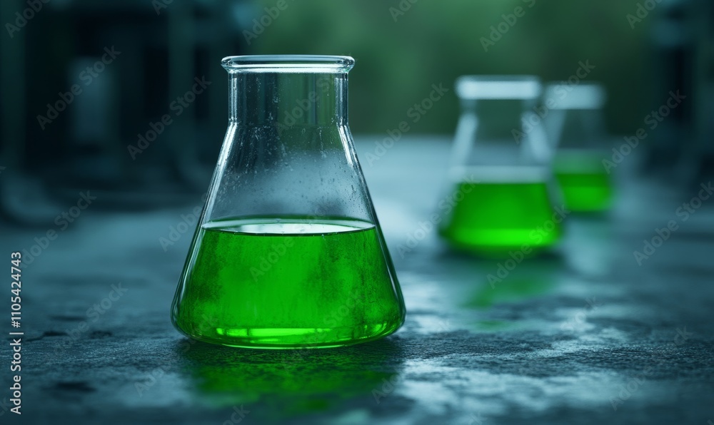 Cracked laboratory glassware leaking glowing green liquid onto a ...