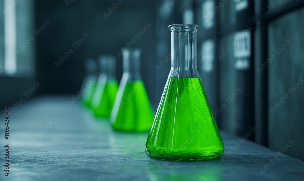 Cracked laboratory glassware leaking glowing green liquid onto a ...
