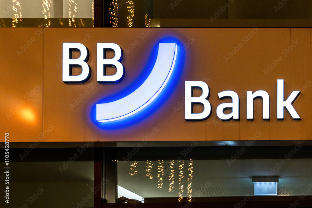 Stock-Foto „Darmstadt, Germany, 2024: Illuminated BB Bank lettering ...