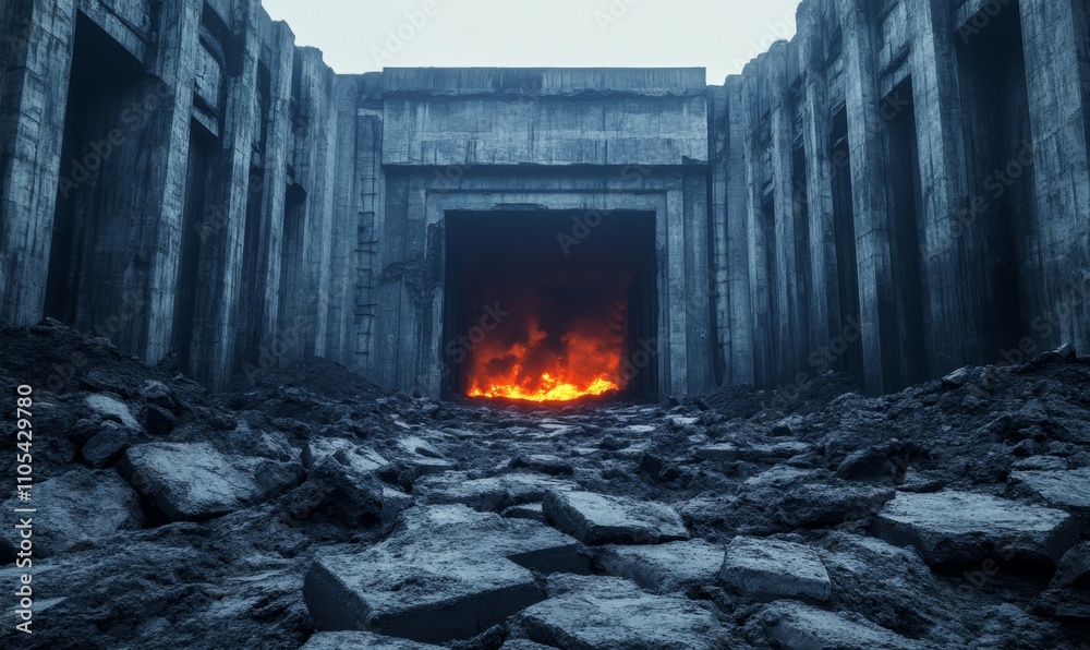 The hollow shell of a factory, its walls melted and machinery twisted ...