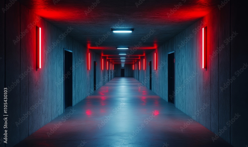 Underground bomb shelter corridor with heavy, reinforced doors, glowing ...