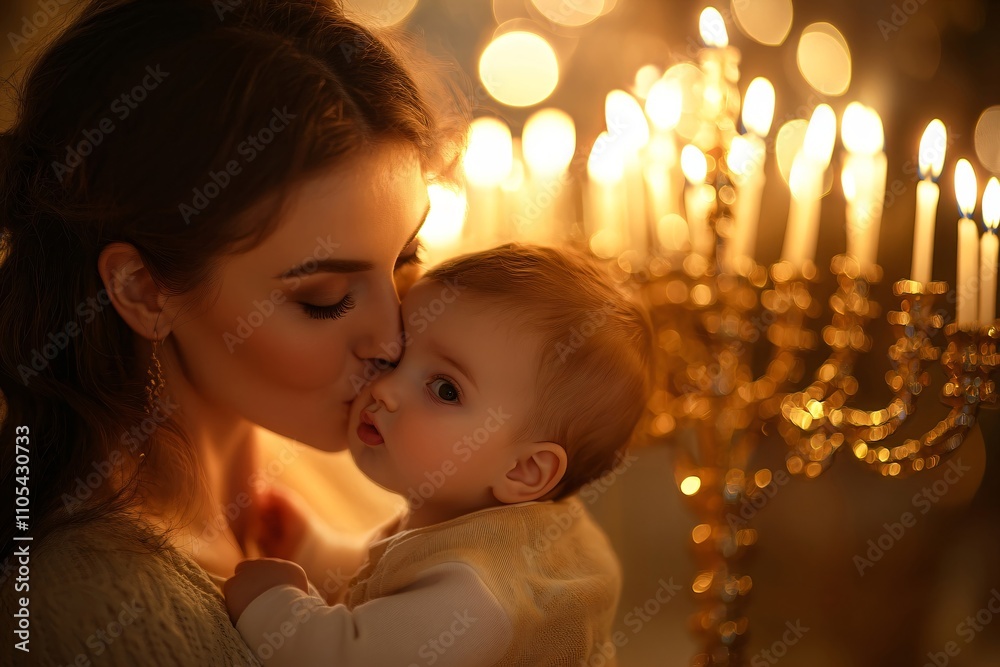 Happy Jewish mother and son celebrating Hanukkah. Portrait of orthodox ...