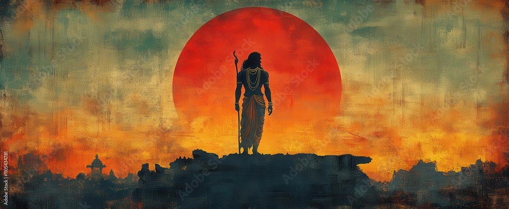 grungestyle poster illustration depicting the silhouette of lord rama ...