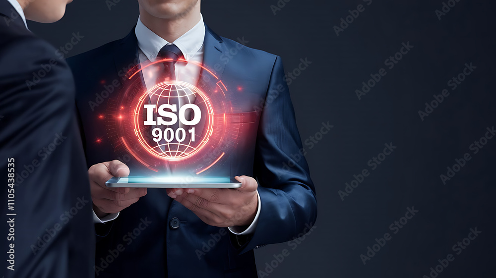 ISO 9001 Concept, Businessman holding a tablet with text iso 9001, ISO ...