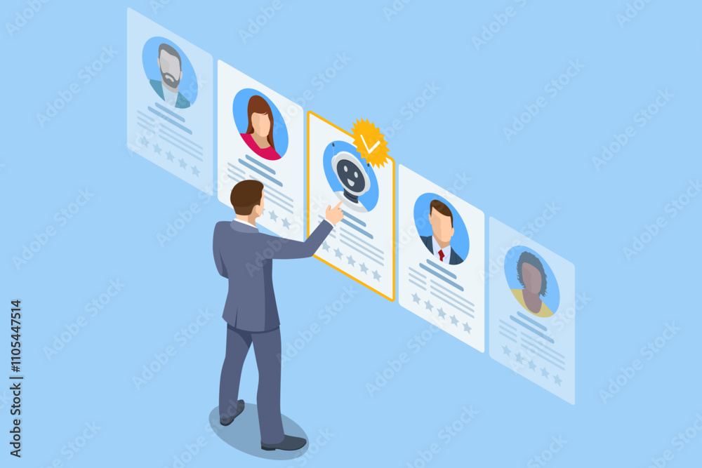 Isometric hiring and recruitment robots are selected for a job over a ...