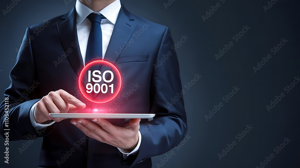 ISO 9001 Concept, Businessman holding a tablet with text iso 9001, ISO ...
