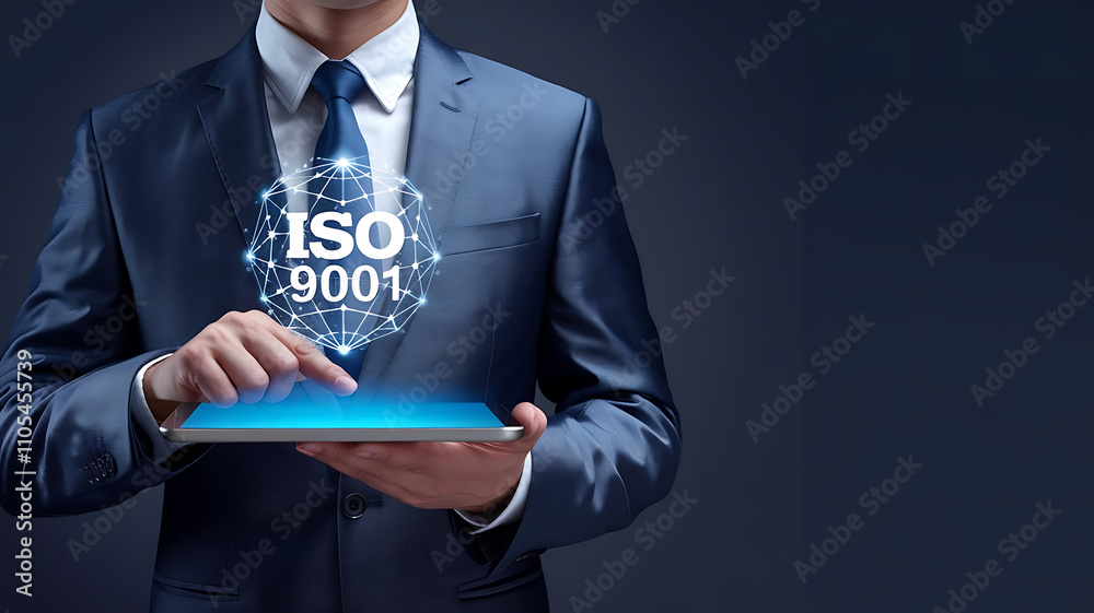 ISO 9001 Concept, Businessman holding a tablet with text iso 9001, ISO ...
