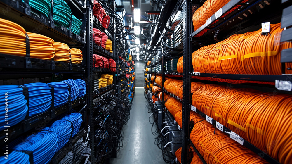 Ai generated data center overview color-coded cables technology hub digital infrastructure ...