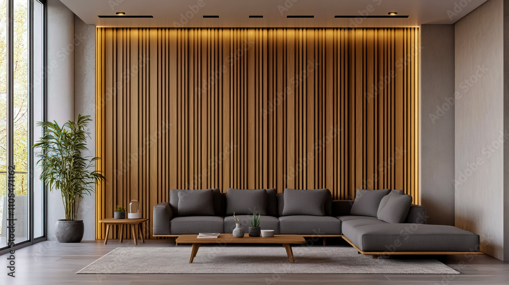 Wide living room with wooden acoustic panel soundproofing, wooden slats ...