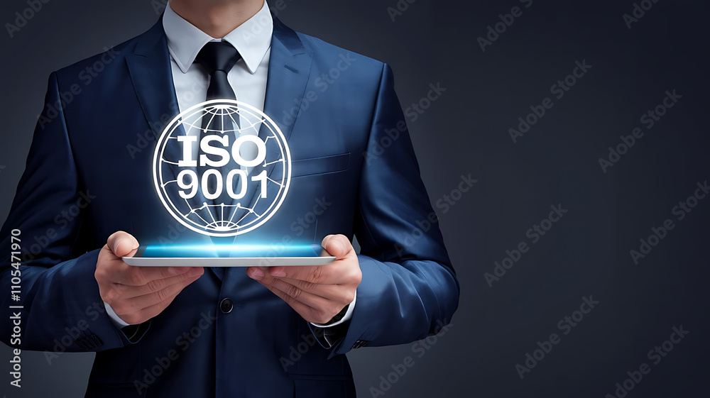 ISO 9001 Concept, Businessman holding a tablet with text iso 9001, ISO ...