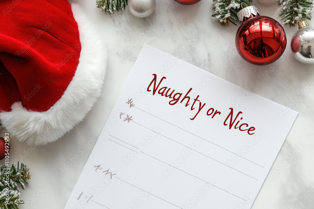 naughty or nice list with santa hat and christmas decorations on a dark ...