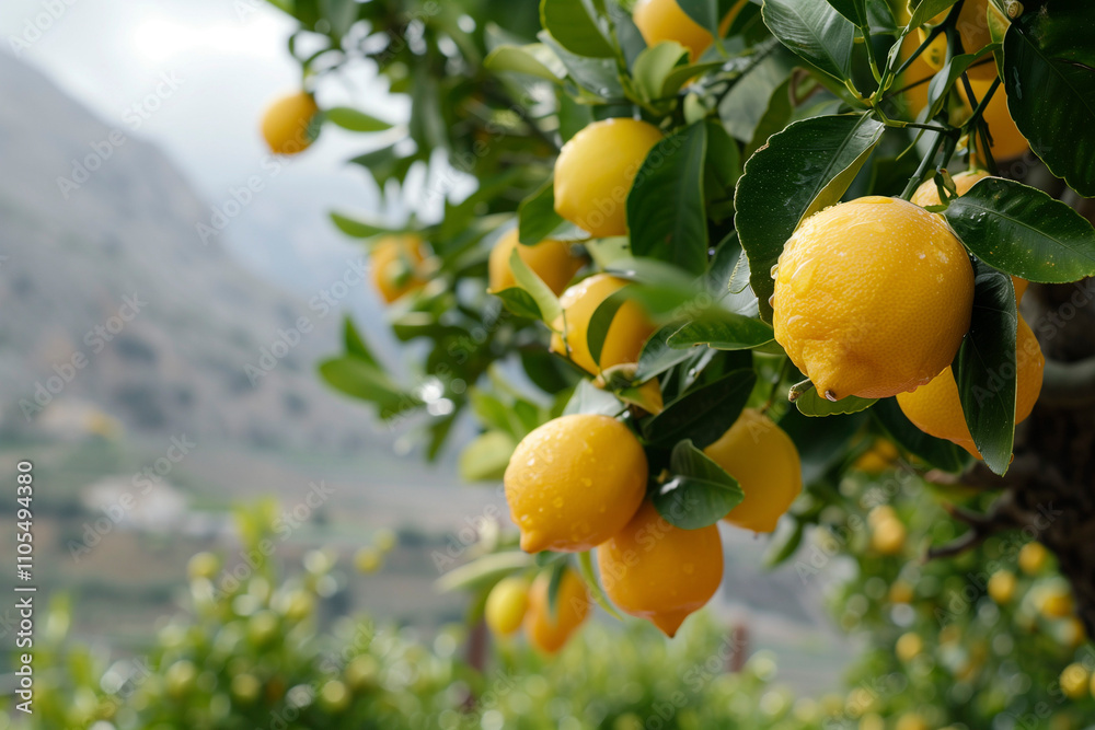 Lemon tree in the mountains of Sicily. close up of yellow lemon tree ...