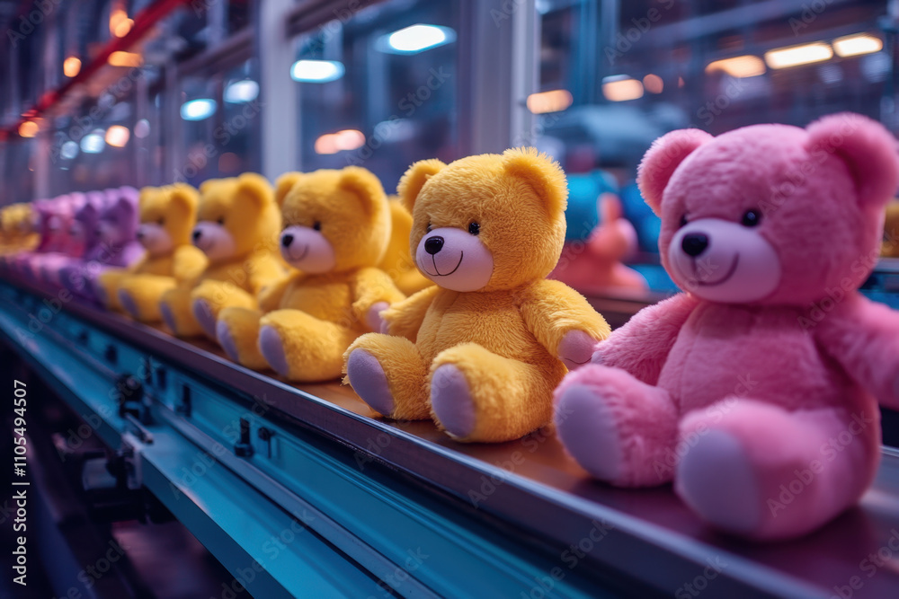 Toy factory, A colorful lineup of plush teddy bears on a conveyor belt ...