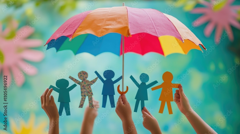 Colorful paper figures supported by hands under an umbrella ...