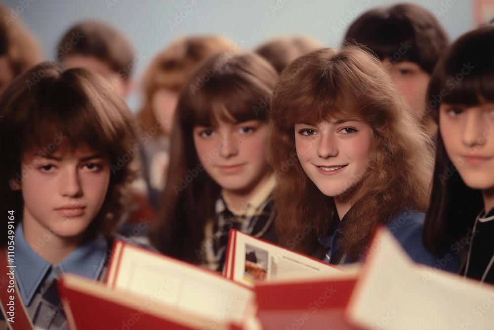 Group of high school students in 1980s. Teenage girls with casual ...