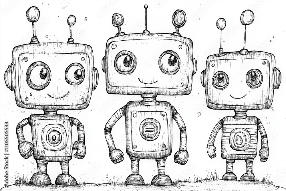 coloriage enfant, illustration robots bizarre rigolo, étrange, fun ...