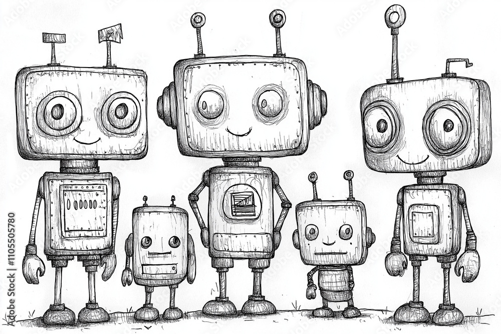 coloriage enfant, illustration robots bizarre rigolo, étrange, fun ...